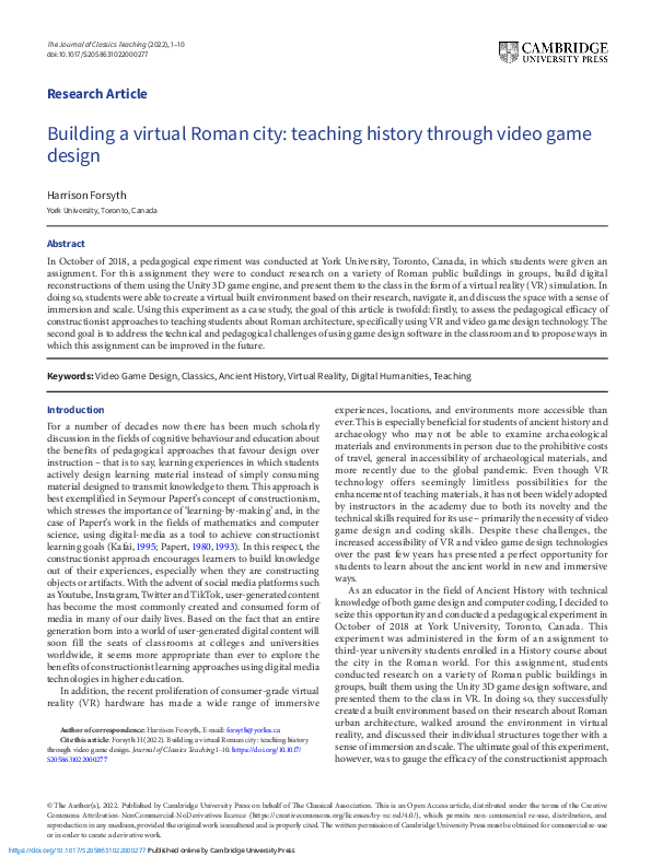 (PDF) Building a virtual Roman city: teaching history through video ...