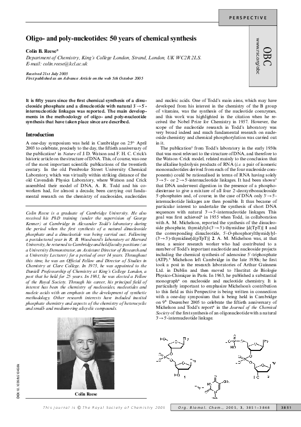 (PDF) Oligo- and poly-nucleotides: 50 years of chemical synthesis