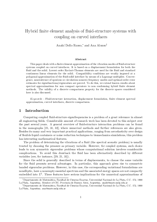 (PDF) Hybrid finite element analysis of fluid-structure systems with ...