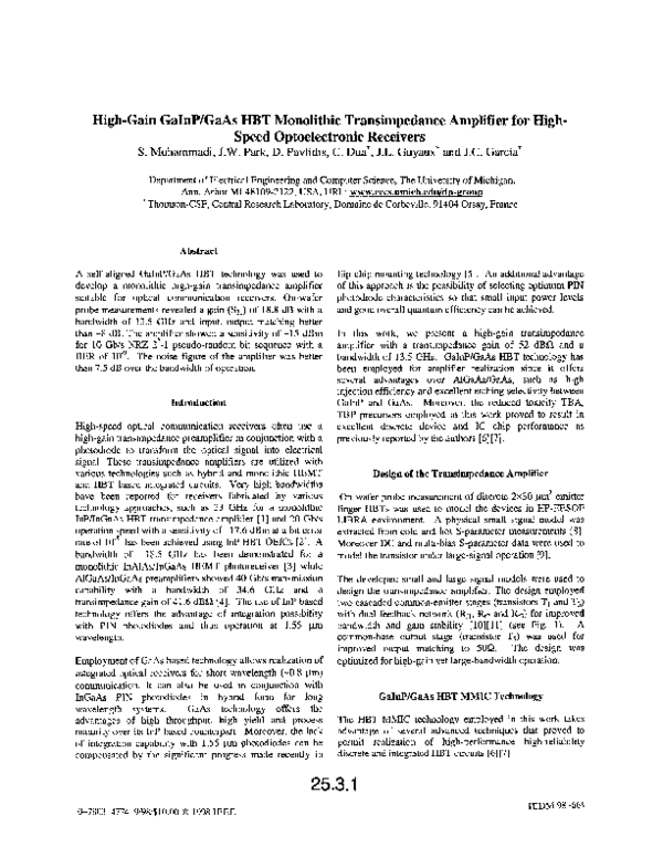 (PDF) High-gain GaInP/GaAs HBT monolithic transimpedance amplifier for high-speed optoelectronic ...
