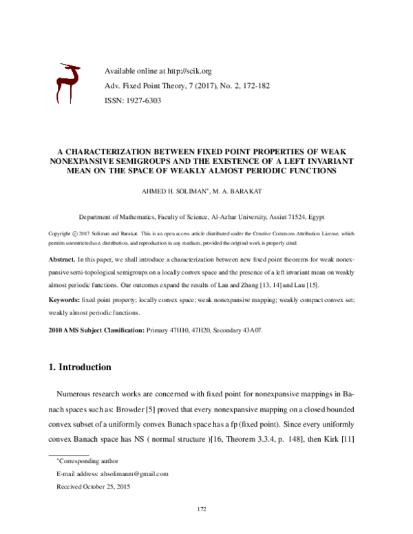 Pdf A Characterization Between Fixed Point Properties Of Weak Nonexpansive Semigroups And The