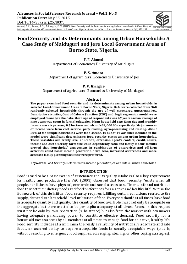 (PDF) Food Security and Its Determinants Among Urban Households: A Case ...