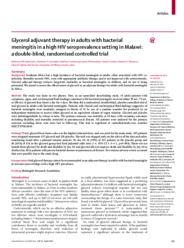 (PDF) Glycerol adjuvant therapy in adults with bacterial meningitis in ...