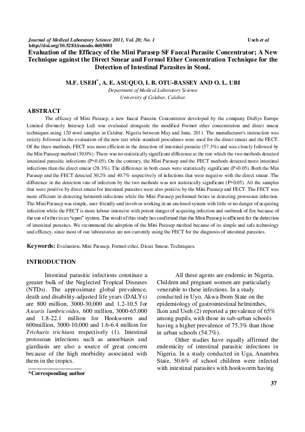 (PDF) Evaluation of the Efficacy of the Mini Parasep SF Faecal Parasite ...