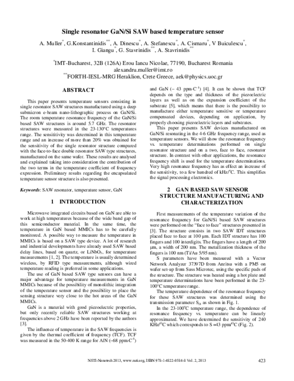 (PDF) Single resonator GaN/Si SAW based temperature sensor