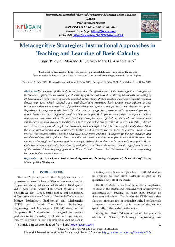 (PDF) Metacognitive Strategies: Instructional Approaches in Teaching and Learning of Basic Calculus