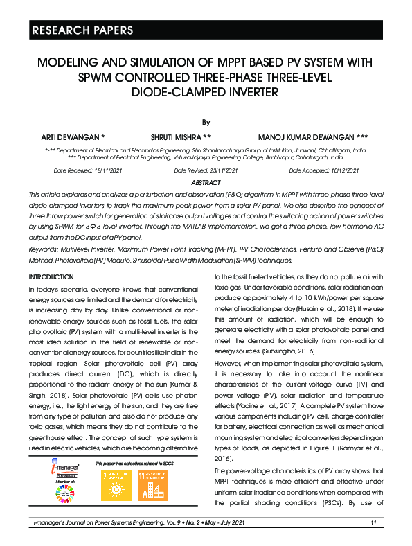 Pdf Modeling And Simulation Of Mppt Based Pv System With Spwm Controlled Three Phase Three