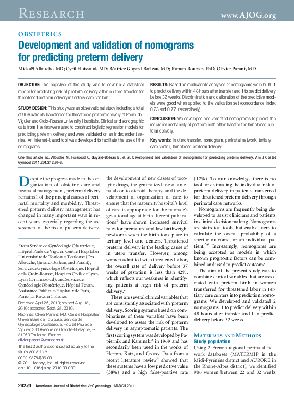 Pdf Development And Validation Of Nomograms For Predicting Preterm