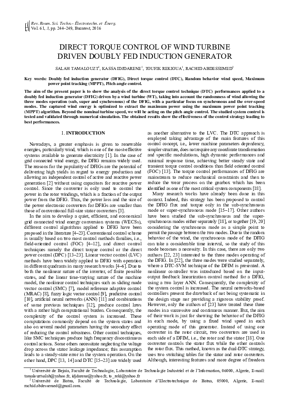 Pdf Direct Torque Control Of Wind Turbine Driven Doubly Fed Induction