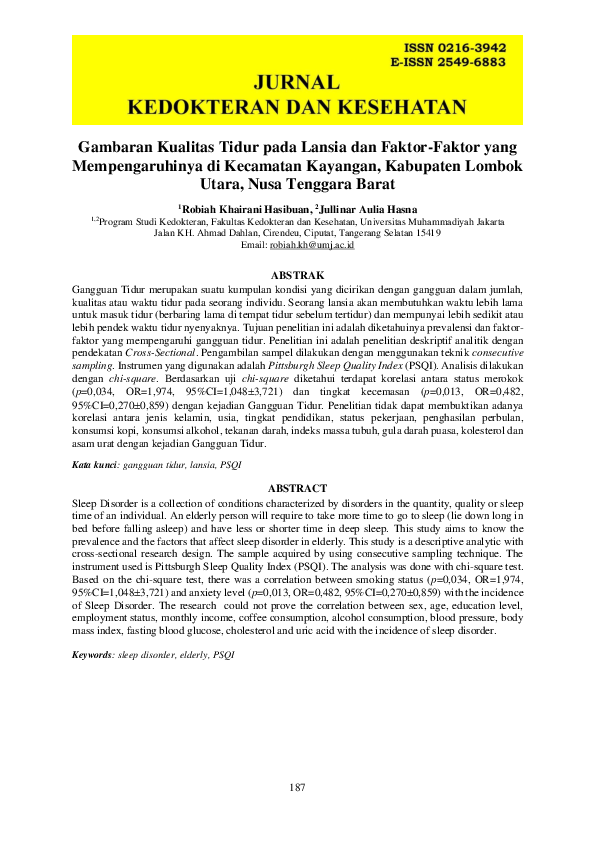 (PDF) Gambaran Kualitas Tidur pada Lansia dan Faktor-Faktor yang Mempengaruhinya di Kecamatan ...