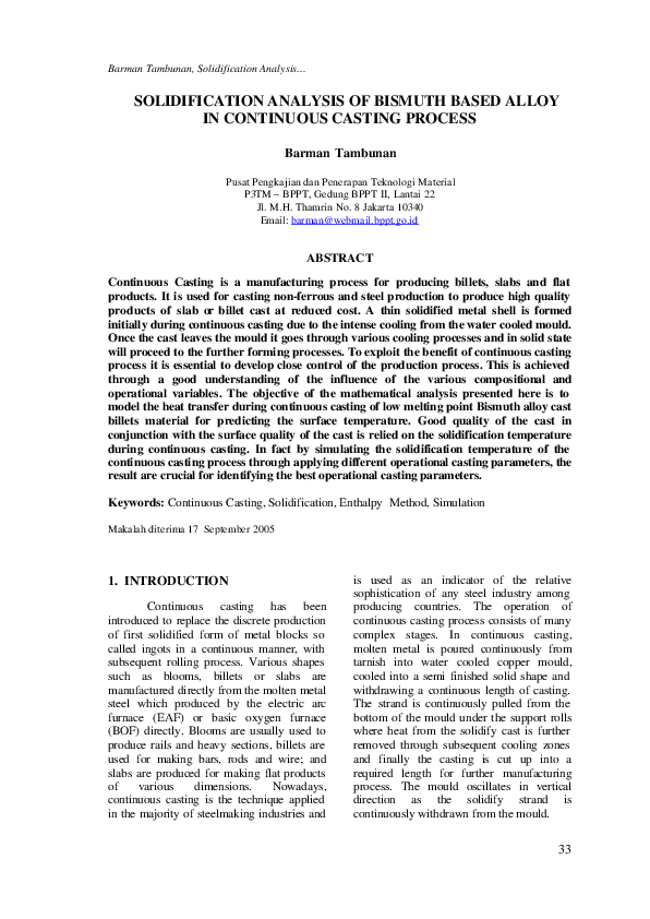 Pdf Solidification Analysis Of Bismuth Based Alloy In Continuous Casting Process