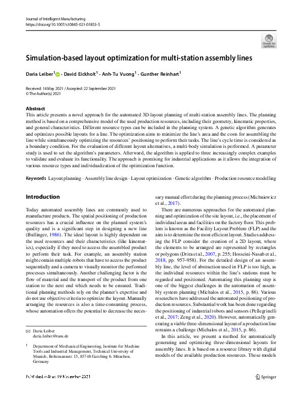 Pdf 3d Layout Optimization For Assembly Lines