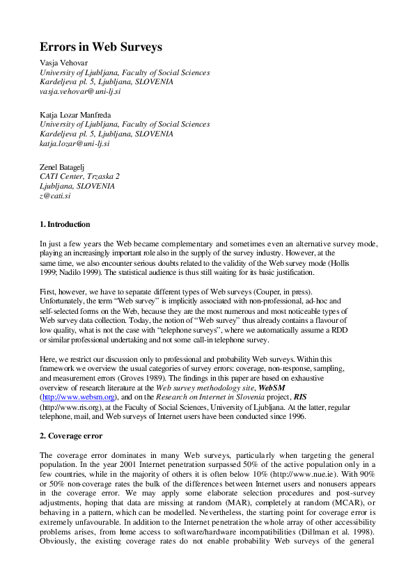 (PDF) Errors in Web Surveys
