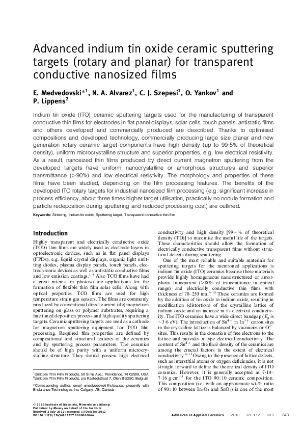 (PDF) Advanced indium tin oxide ceramic sputtering targets (rotary and planar) for transparent ...