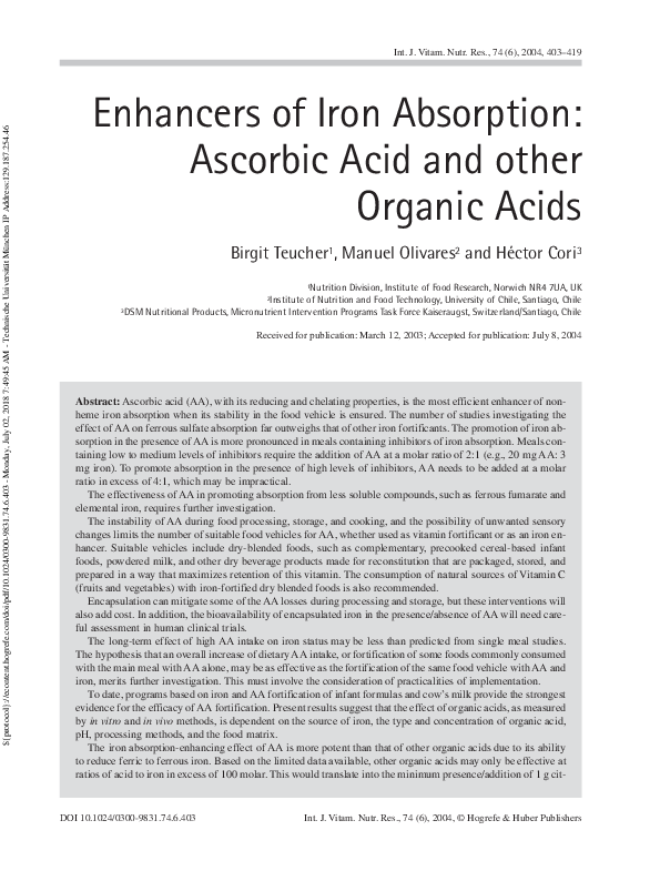 (PDF) Enhancers of Iron Absorption: Ascorbic Acid and other Organic Acids