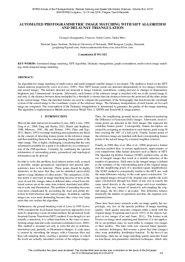 Pdf Automated Photogrammetric Image Matching With Sift Algorithm And Delaunay Triangulation