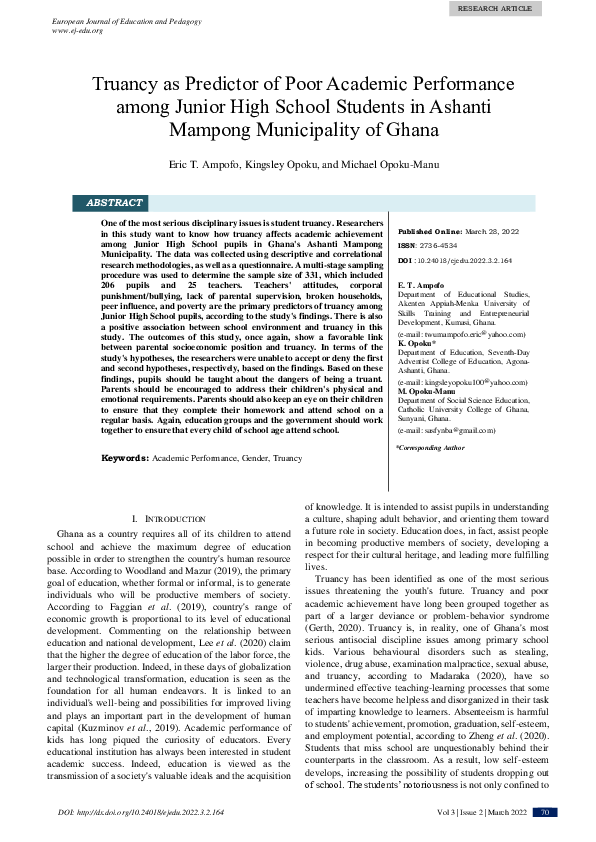 (PDF) Truancy as Predictor of Poor Academic Performance among Junior ...