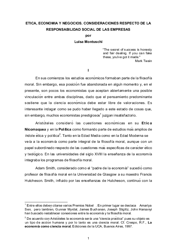 (PDF) Etica, econom a y negocios. Consideraciones respecto de la responsabilidad social de las ...
