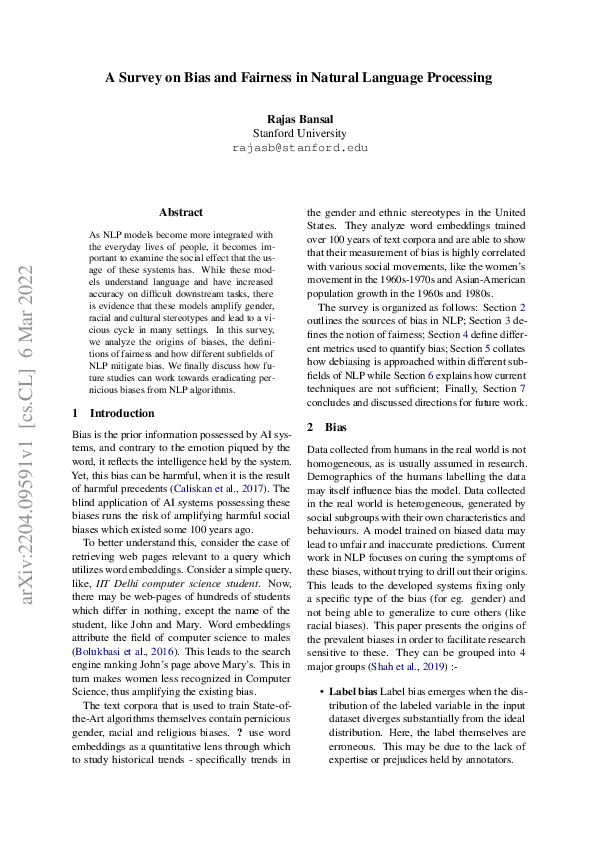 (PDF) A Survey on Bias and Fairness in Natural Language Processing
