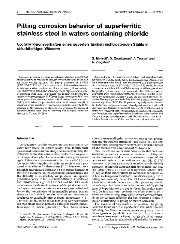 (PDF) Pitting corrosion behavior of superferritic stainless steel in waters containing chloride