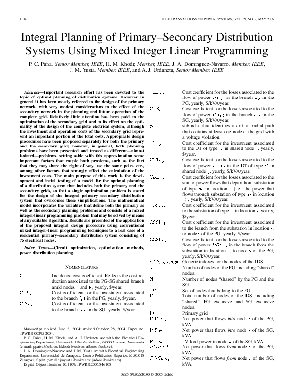 (PDF) Integral Planning of Primary–Secondary Distribution Systems Using ...