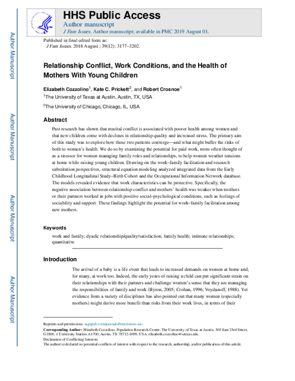 (PDF) Relationship Conflict, Work Conditions, and the Health of Mothers ...