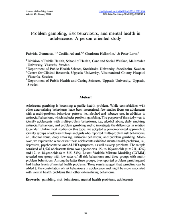 (PDF) Problem gambling, risk behaviours, and mental health in ...