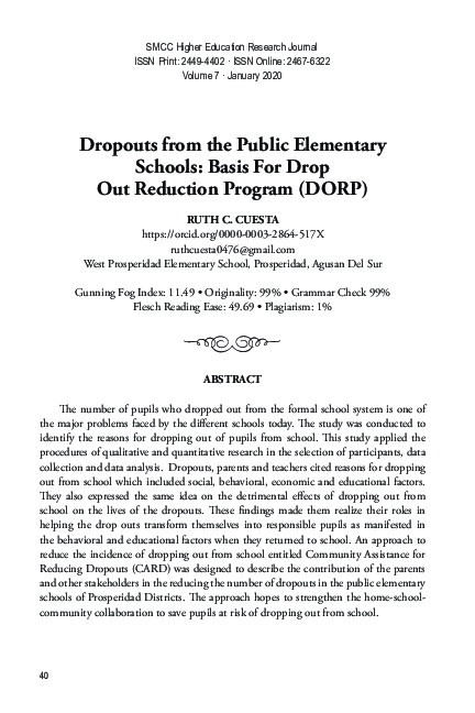 (PDF) Dropouts from the Public Elementary Schools: Basis For Drop Out ...