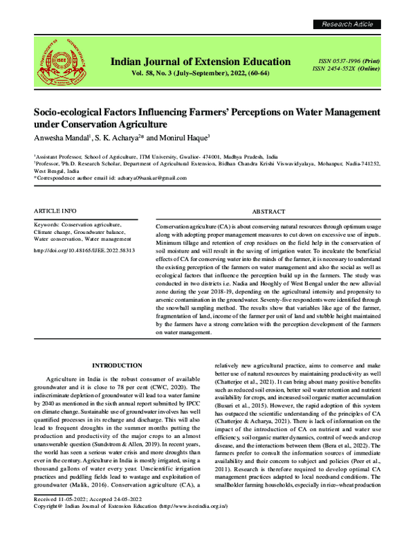 (PDF) Socio-ecological Factors Influencing Farmers' Perceptions on Water Management under ...