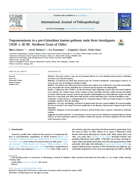 (PDF) Treponematosis in a pre-Columbian hunter-gatherer male from ...