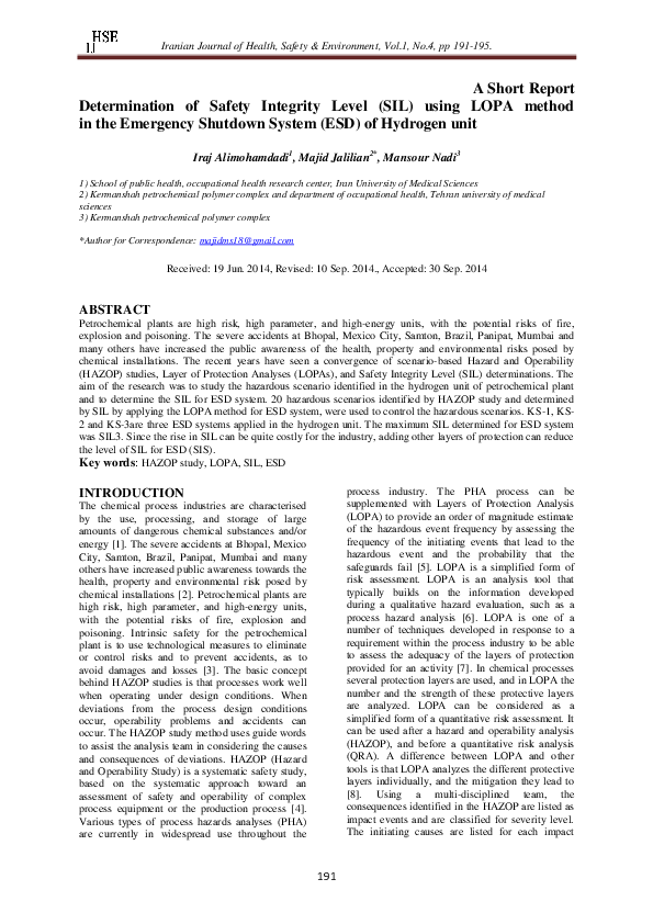 (PDF) Determination of Safety Integrity Level (SIL) using LOPA method ...