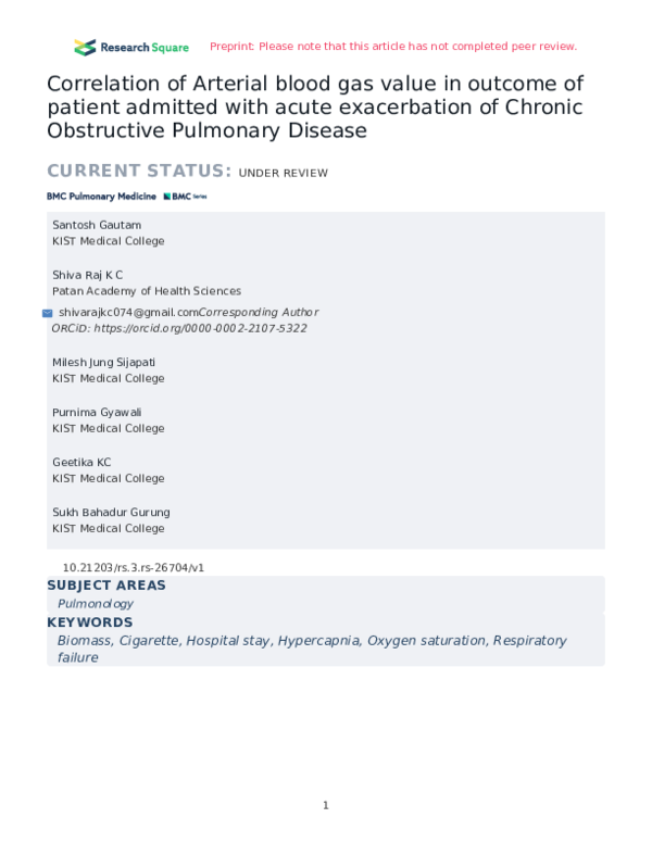 (PDF) Correlation of Arterial blood gas value in outcome of patient ...