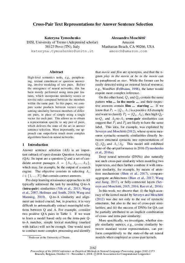 (PDF) Cross-Pair Text Representations for Answer Sentence Selection