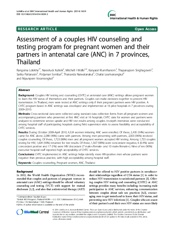 (PDF) Assessment of a couples HIV counseling and testing program for ...