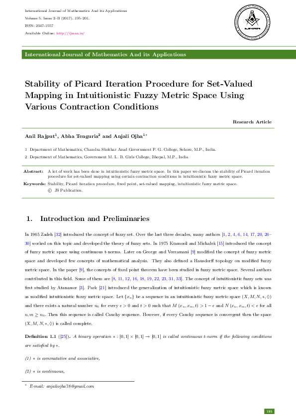 (PDF) Stability of Picard Iteration Procedure for Set-Valued Mapping in Intuitionistic Fuzzy ...