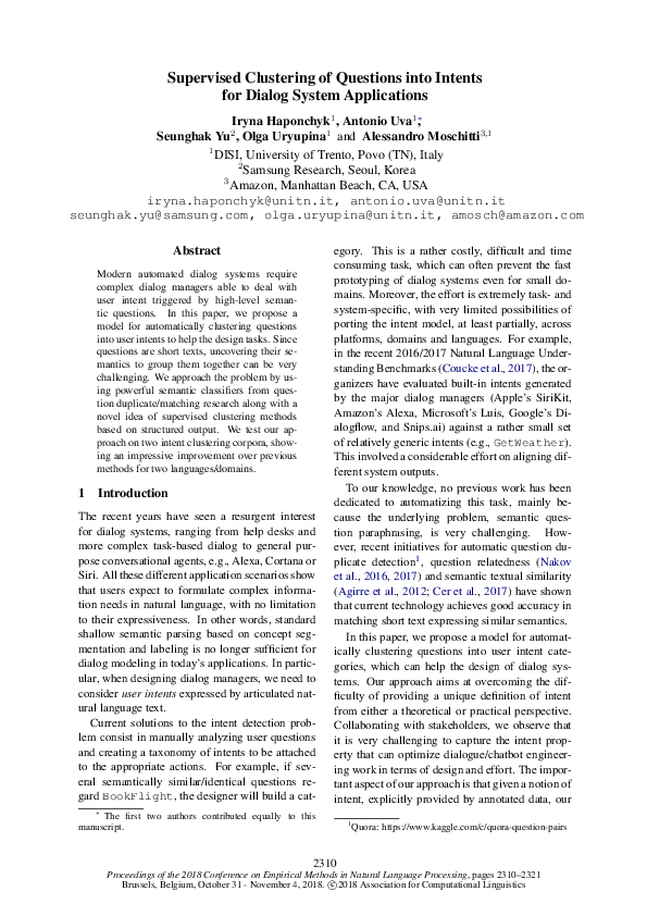 Pdf Supervised Clustering Of Questions Into Intents For Dialog System