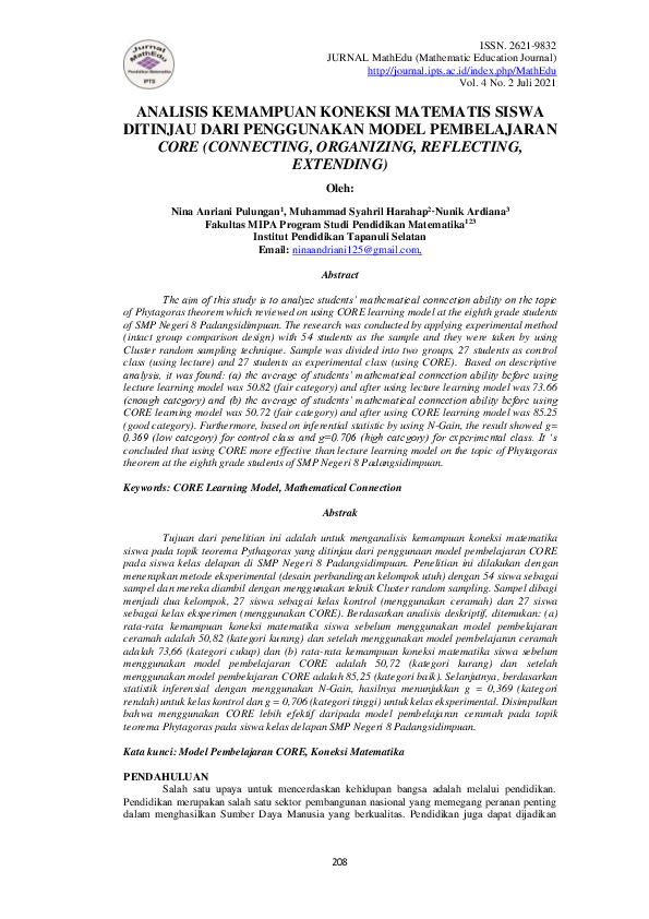 (PDF) Analisis Kemampuan Koneksi Matematis Siswa Ditinjau Dari Penggunakan Model Pembelajaran ...