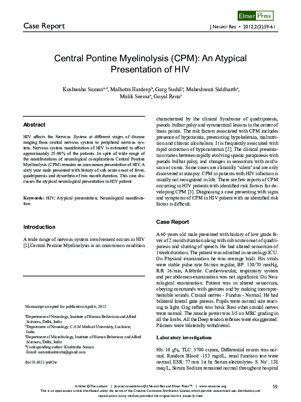 (PDF) Central Pontine Myelinolysis (CPM): An Atypical Presentation of HIV