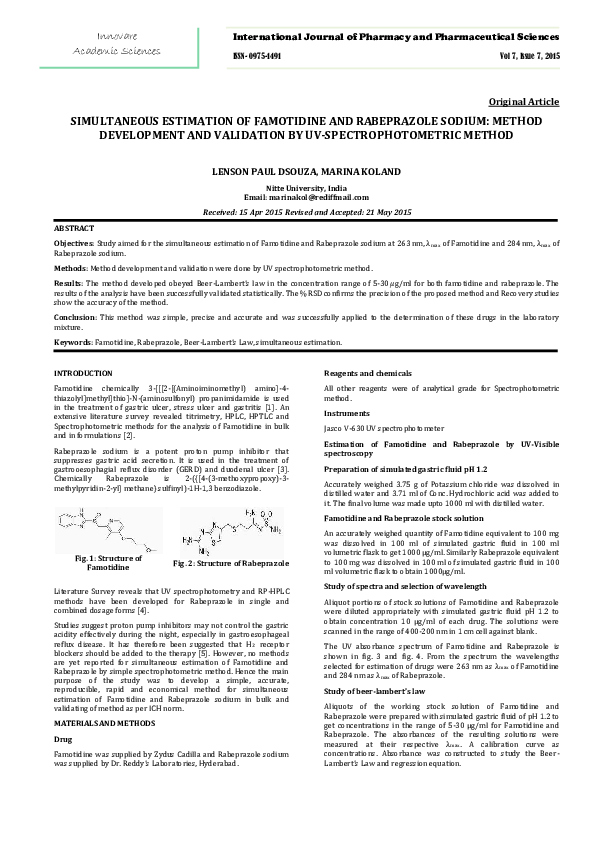 Pdf Simultaneous Estimation Of Famotidine And Rabeprazole Sodium Method Development And