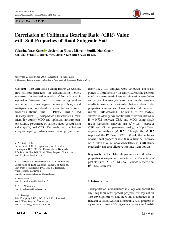 (PDF) Correlation of California Bearing Ratio (CBR) Value with Soil Properties of Road Subgrade Soil
