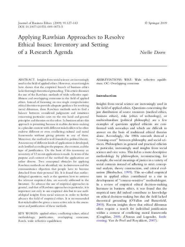 (PDF) Applying Rawlsian Approaches to Resolve Ethical Issues: Inventory ...