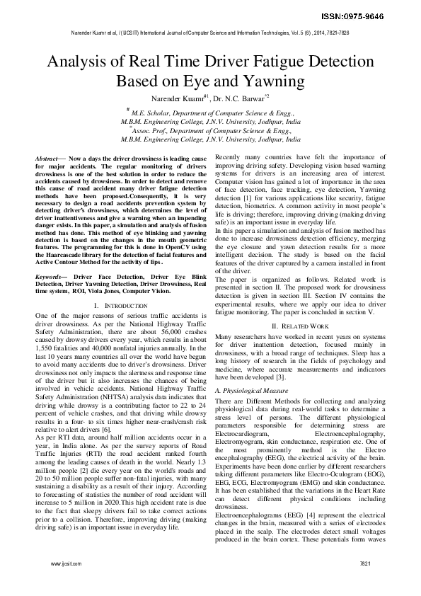 Pdf Analysis Of Real Time Driver Fatigue Detection Based On Eye And Yawning