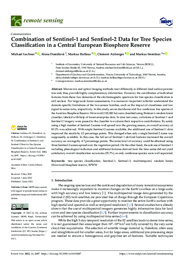 Pdf Combination Of Sentinel 1 And Sentinel 2 Data For Tree Species Classification In A Central