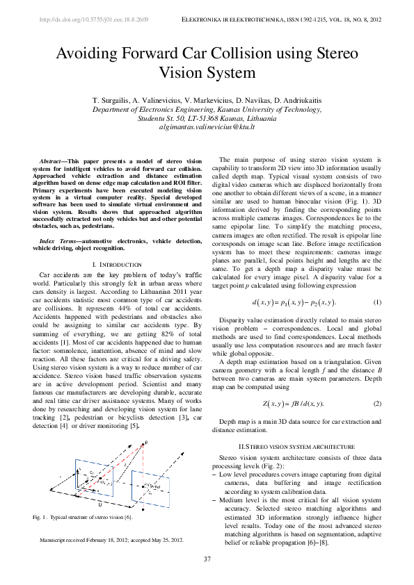 Pdf Avoiding Forward Car Collision Using Stereo Vision System Darius Andriukaitis