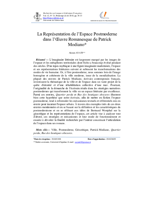 (PDF) La Représentation de l’Espace Postmoderne dans l’Œuvre Romanesque ...