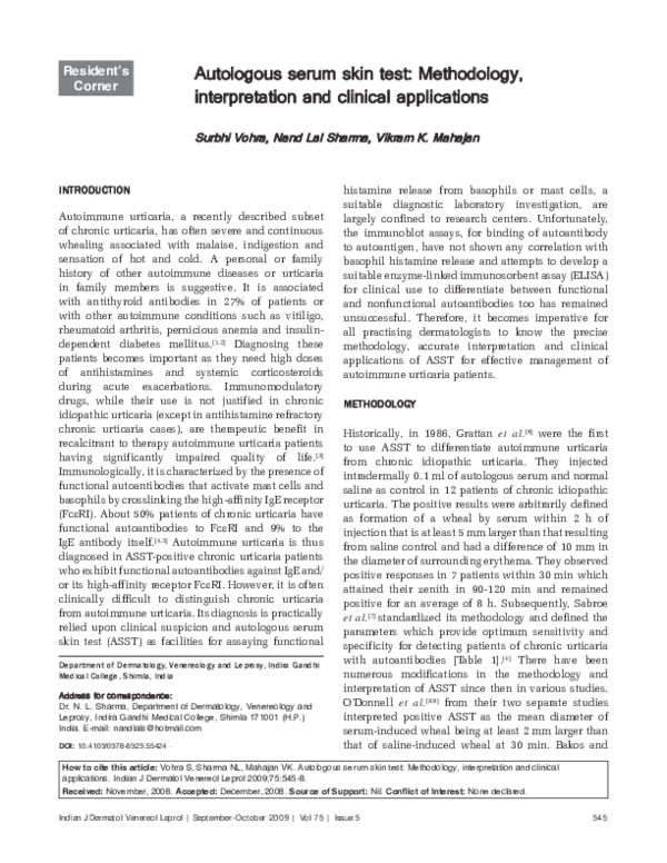 (PDF) Autologous serum skin test: Methodology, interpretation and ...