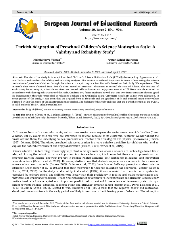 (PDF) Turkish Adaptation of Preschool Children’s Science Motivation ...
