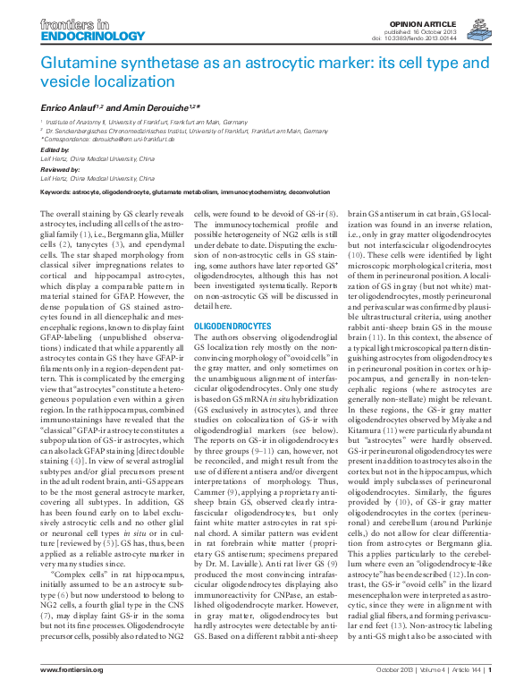 (PDF) Glutamine Synthetase as an Astrocytic Marker: Its Cell Type and ...
