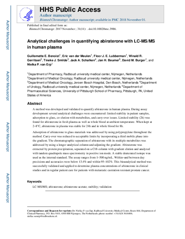(PDF) Analytical challenges in quantifying abiraterone with LC-MS/MS in ...