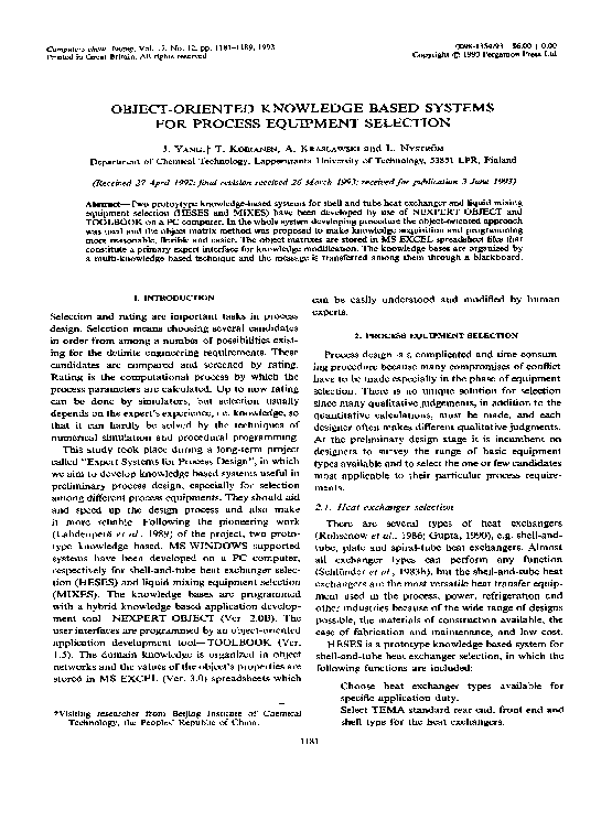 (PDF) Object-oriented knowledge based systems for process equipment selection